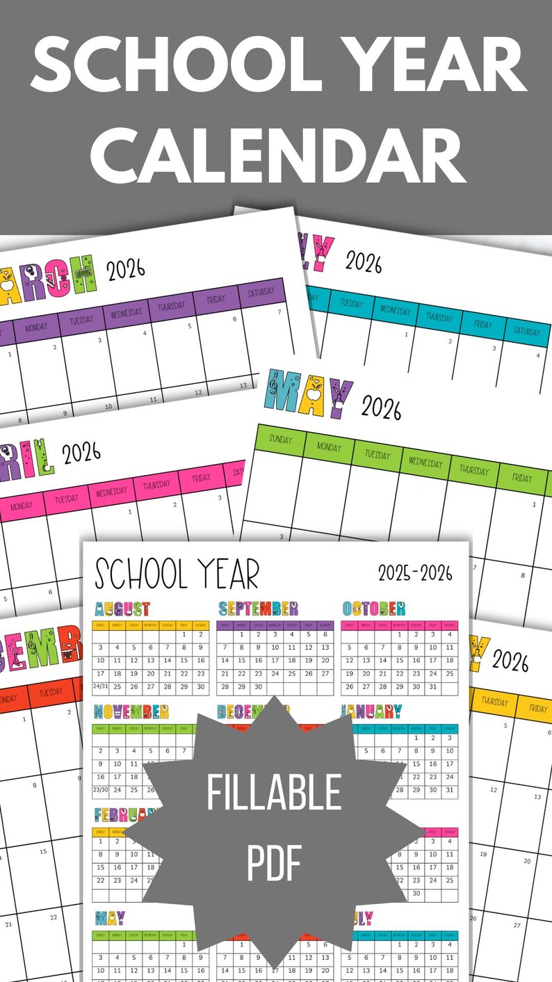 2025-2026 School Year Calendar Printable Monthly Calendar Bundle Year ...