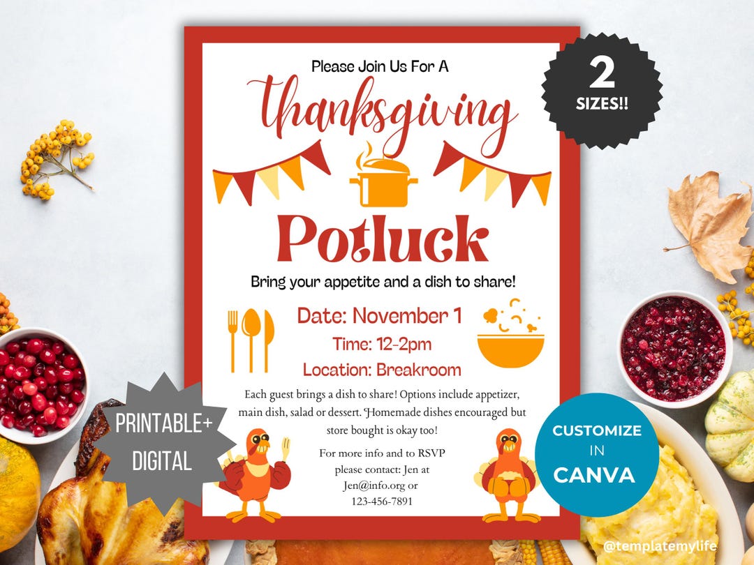 Thanksgiving Potluck Invitation Flyer Template Dinner Party Invite Fall ...