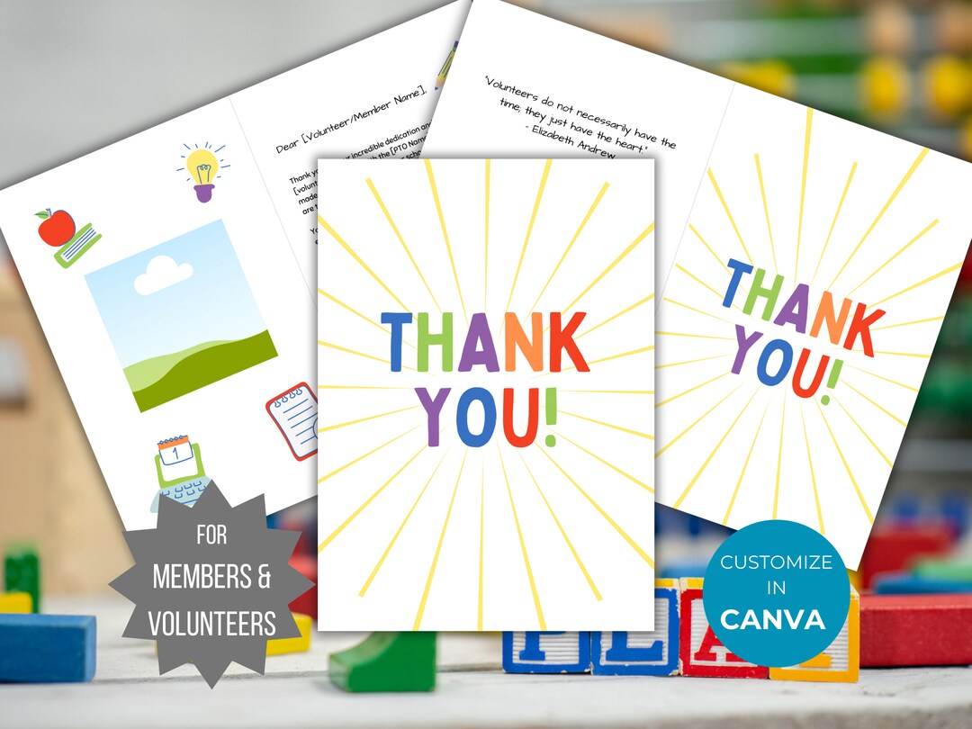 PTO Volunteer Thank You Card Editable PTA Member Gift Template End of ...