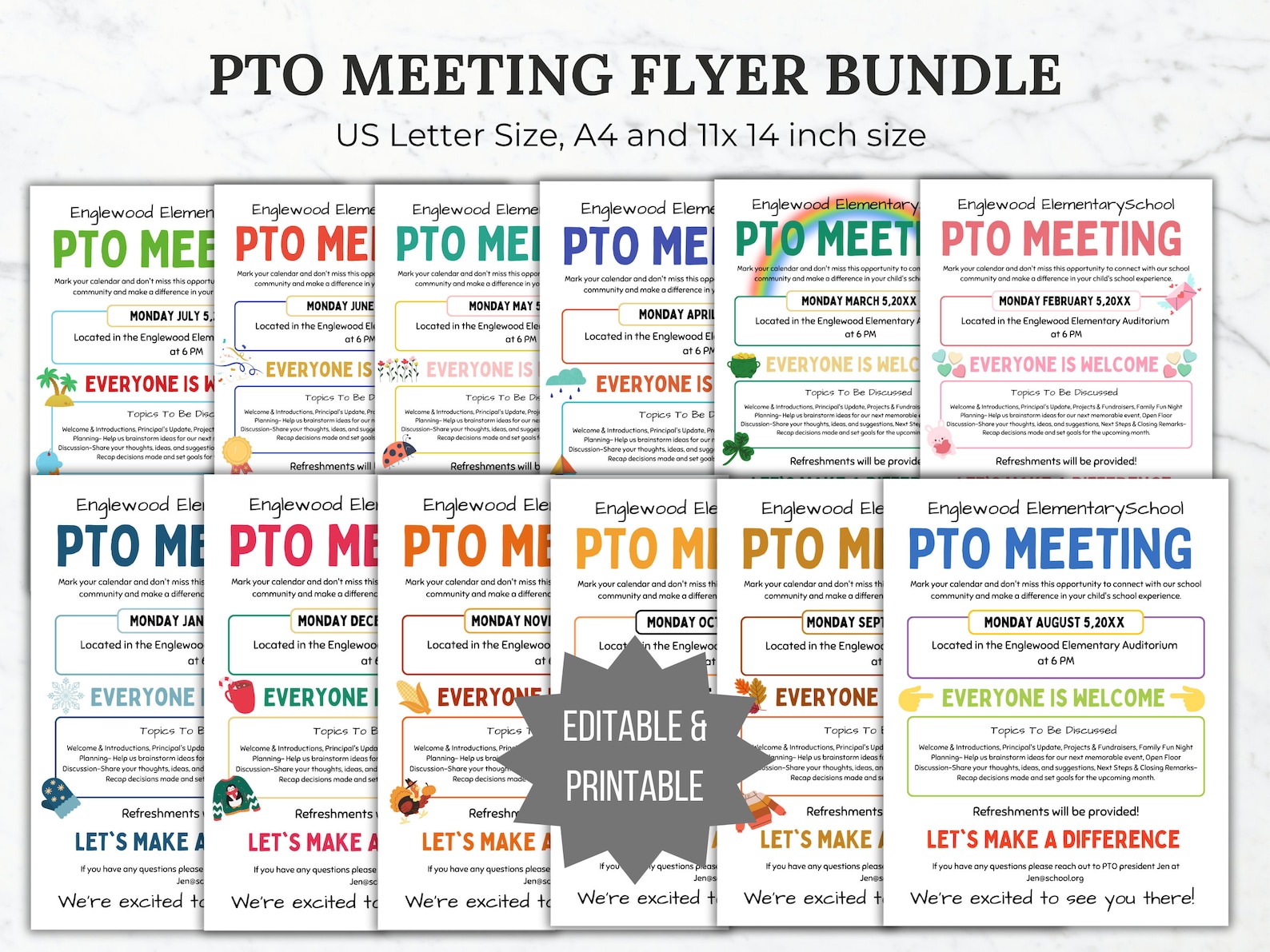PTO Meeting Flyer Template Bundle Seasonal Pto Flyer Editable Pto ...