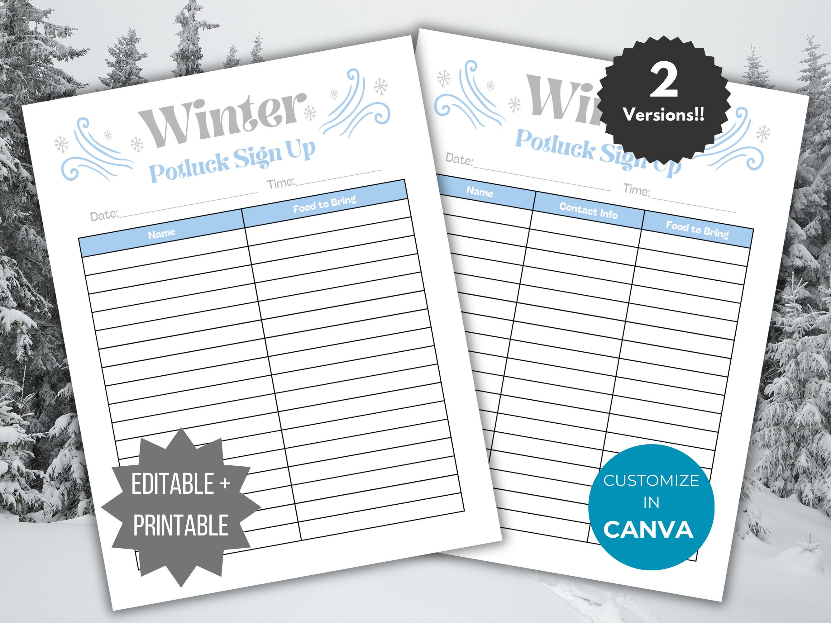 Winter Potluck Sign up Sheet Template Dinner Party Food Signup Flyer ...