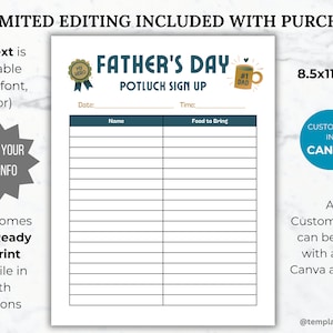 Editable Fathers Day Potluck Sign up Sheet Template Dinner Party Food ...