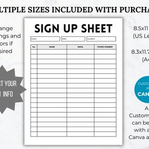 Editable Sign up Sheet Business Sign up Form Volunteer Sign up Template ...