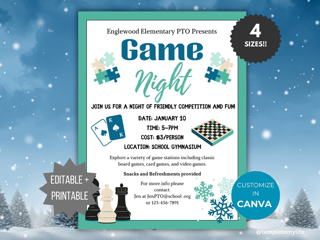 Winter Game Night Invitation PTO Template School Fundraiser PTA Flyer ...