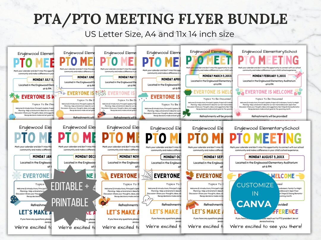 PTA Meeting Flyer Template Bundle Seasonal Pta Flyer Editable Pta ...