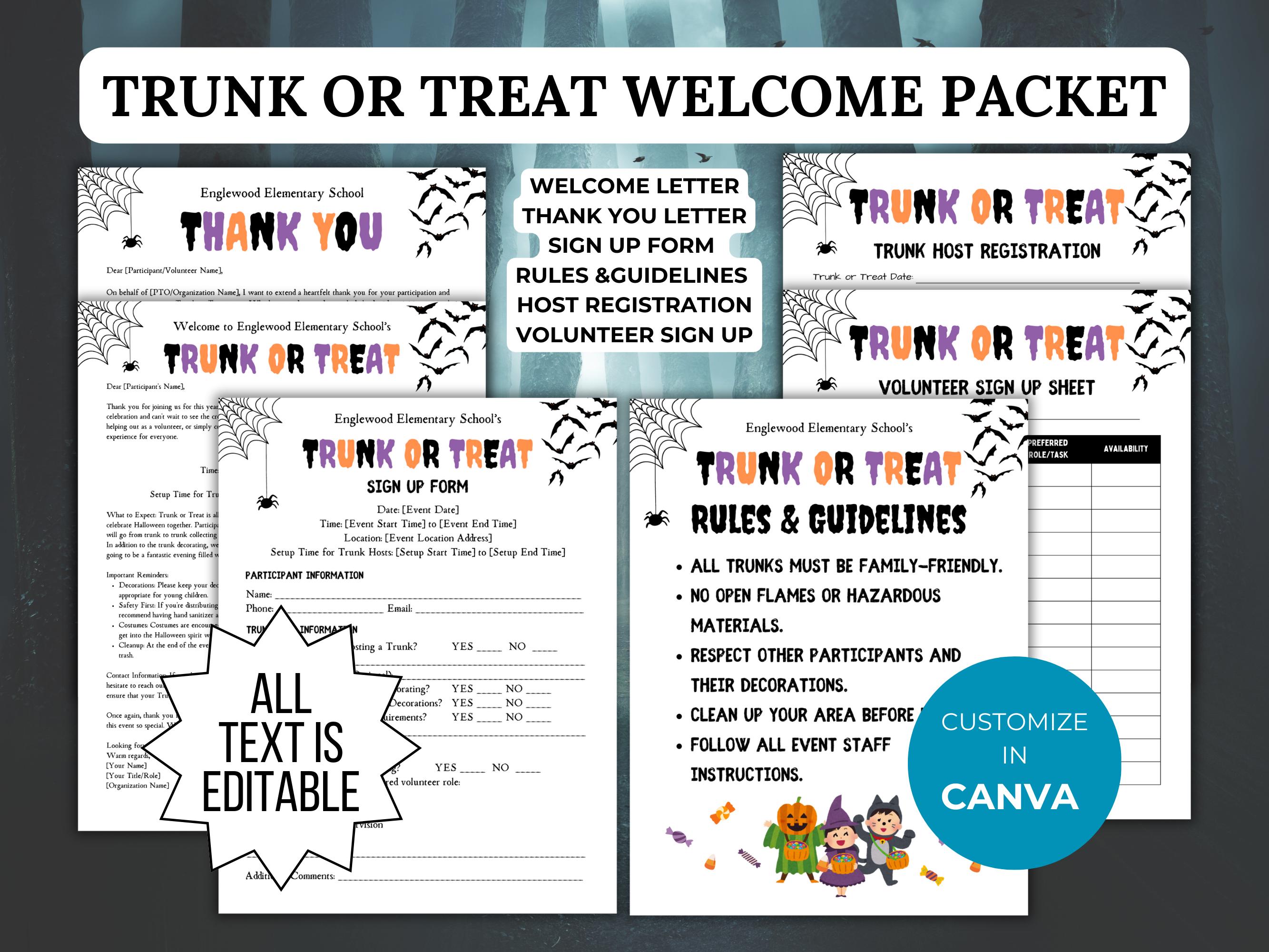 Trunk or Treat Flyer Welcome Packet Template Bundle PTO Halloween Party ...