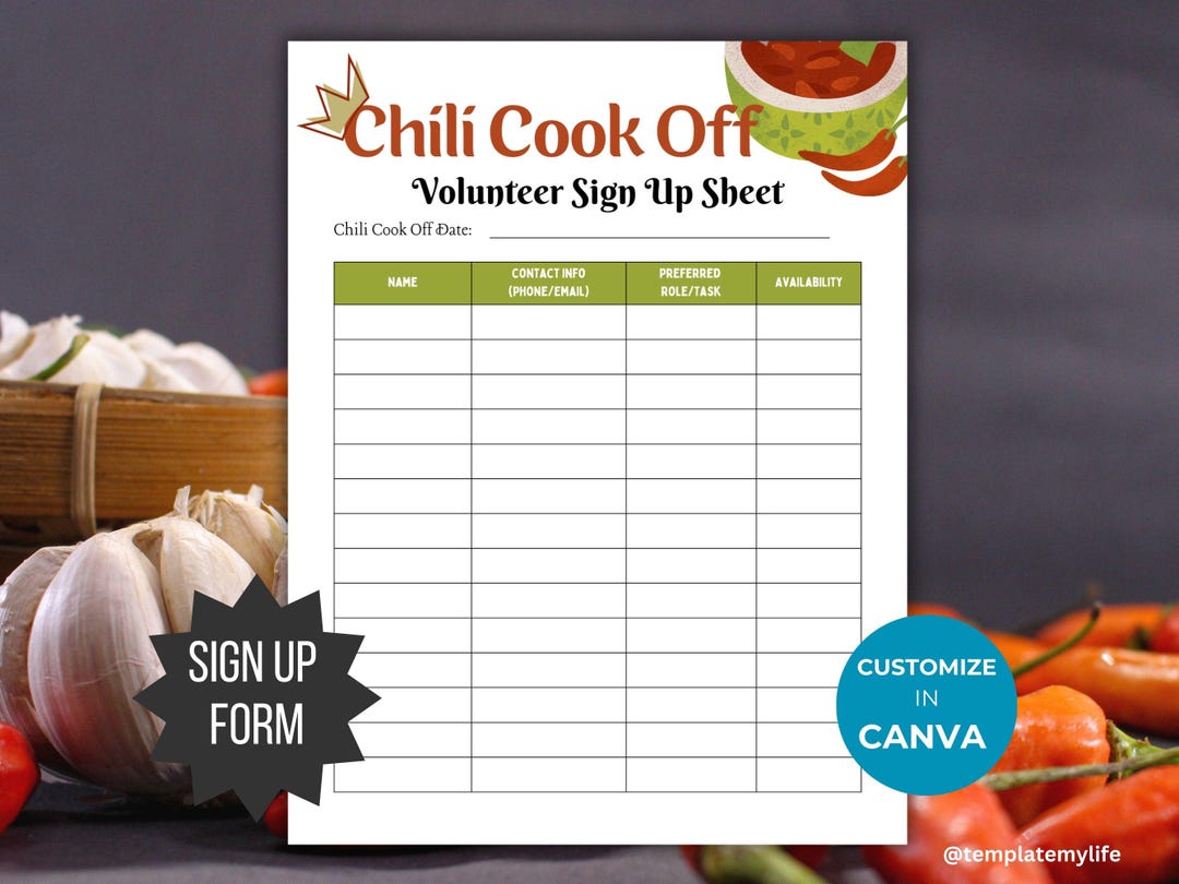 Chili Cook off Flyer Template PTO Volunteer Sign up Sheet Fall Cook-off ...