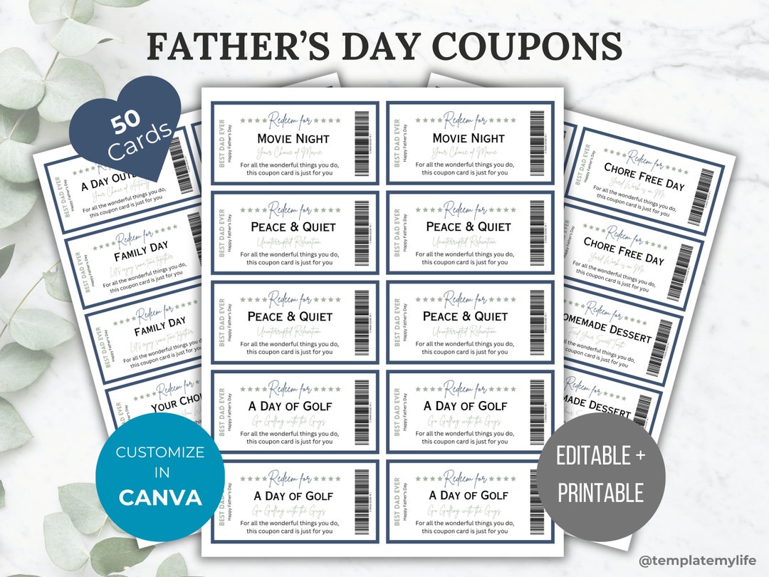 Fathers Day Printable Coupons Last Minute Gift Printable for Father's ...