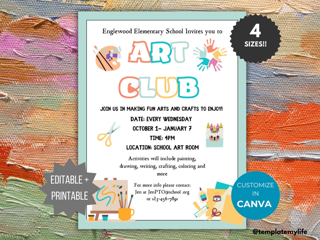 Art Club Flyer Template Art Invite Editable PTA Flyer Art Club Poster ...