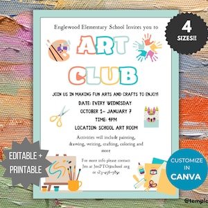 Art Club Flyer Template Art Invite Editable PTA Flyer Art Club Poster ...