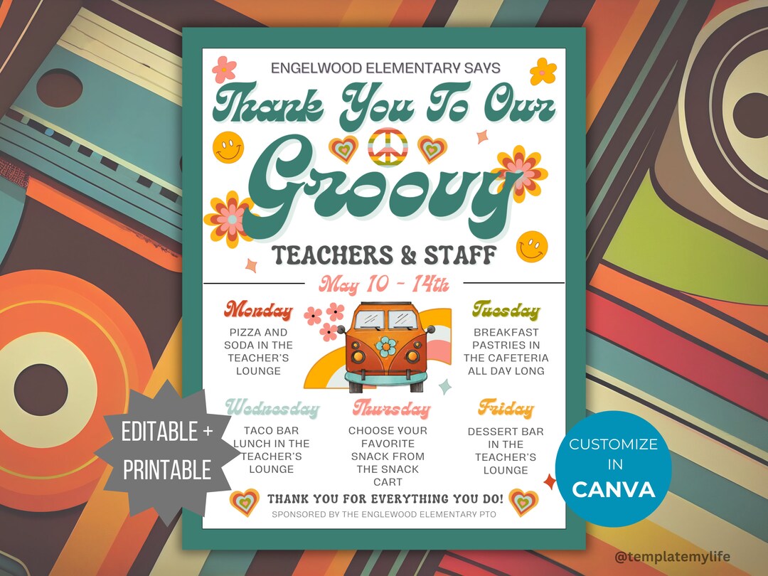 Groovy Teacher Appreciation Week Flyer PTA PTO Template Retro 60s 70s ...