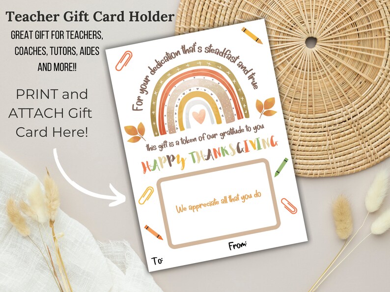 Thanksgiving Teacher Gift Card Holder Printable Teacher Holiday Gift ...