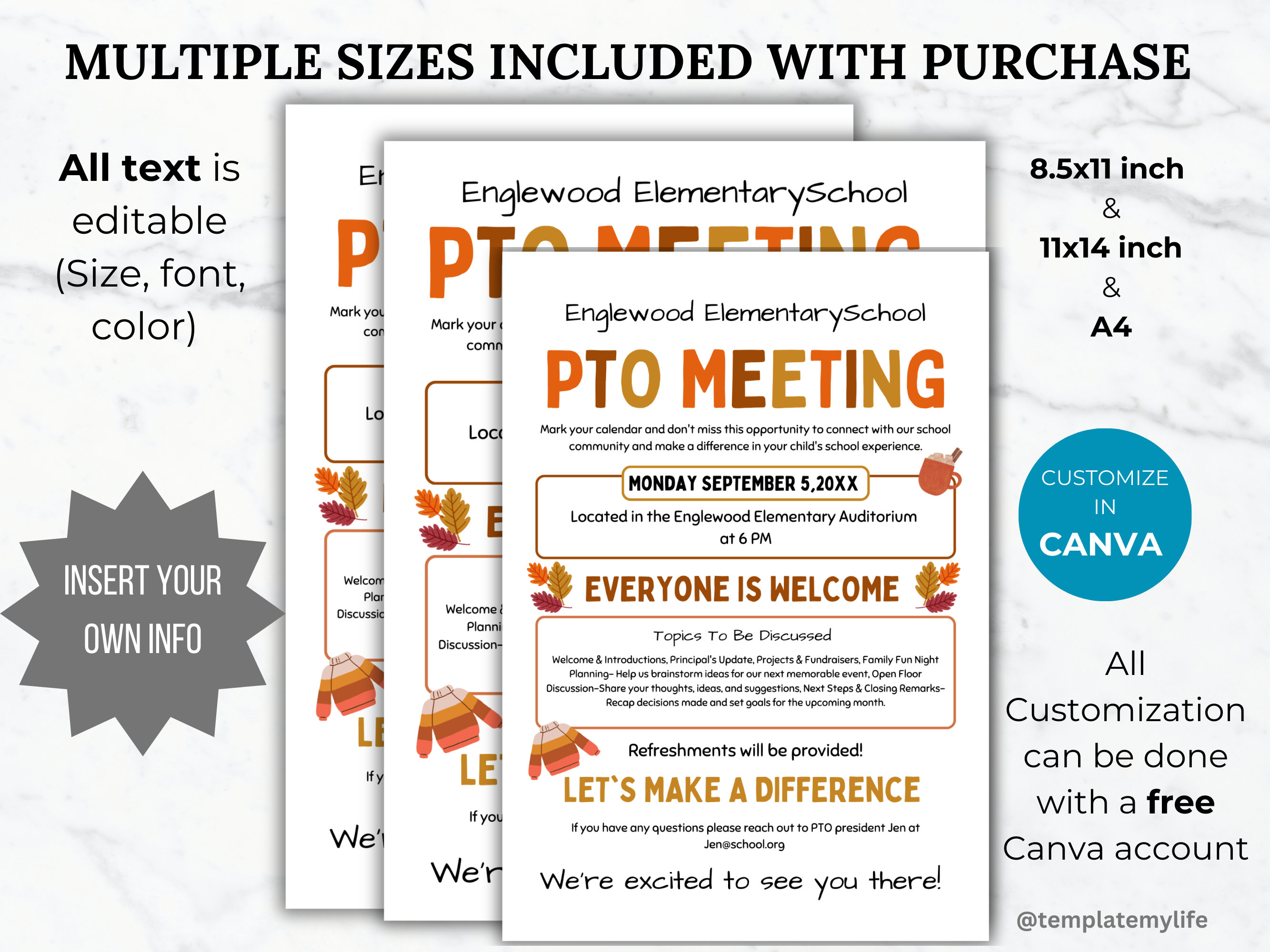 Fall PTA Meeting Flyer Printable PTO Fall Meeting Flyer Editable ...