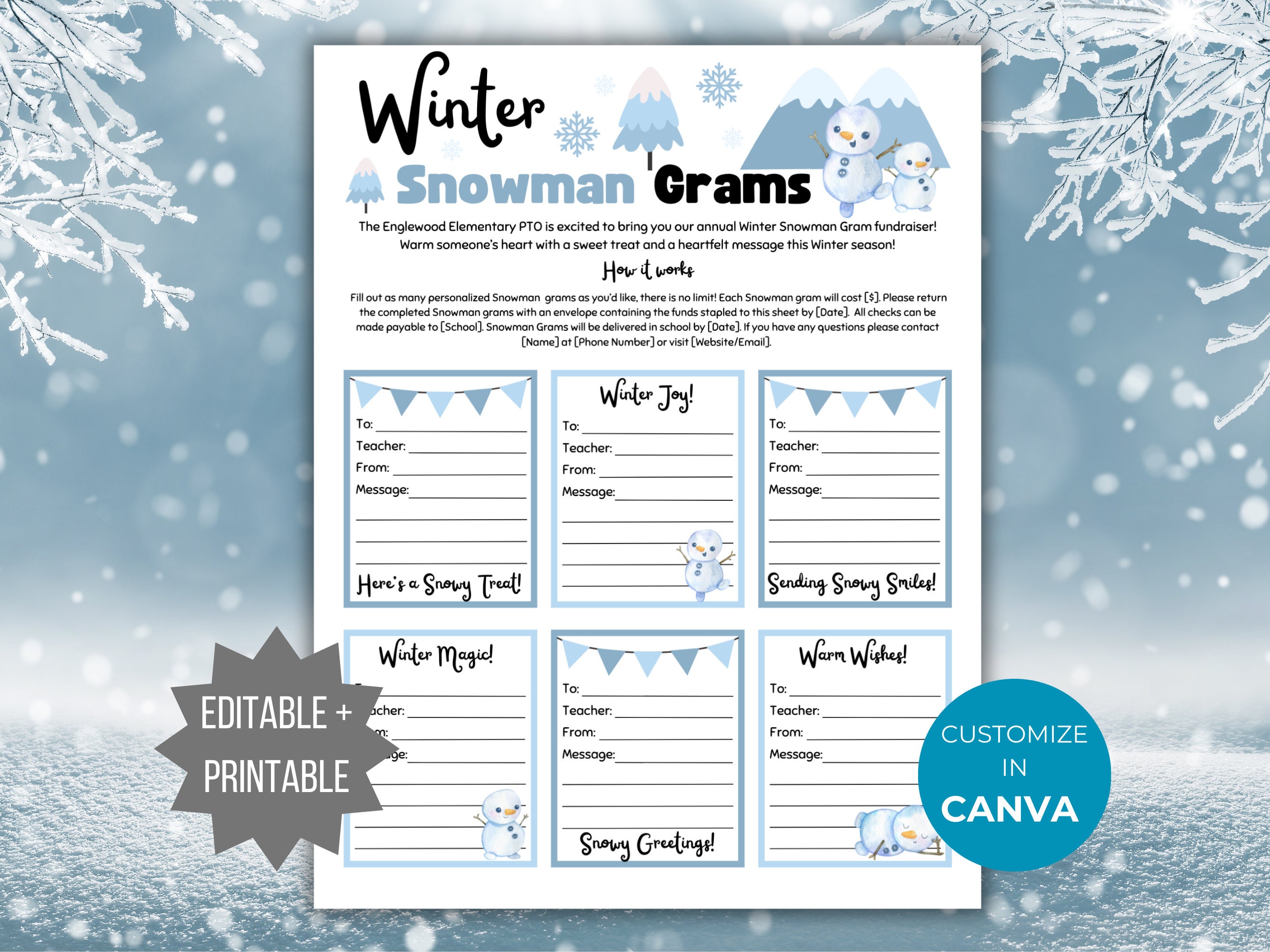 Winter Snowman Gram Flyer PTO Template Holiday Candy Gram Printable ...