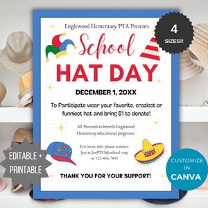 Hat Day School Spirit Flyer PTO Template Hat Day Fundraiser Invitation ...