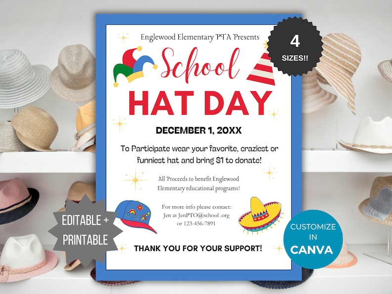 Hat Day School Spirit Flyer PTO Template Hat Day Fundraiser Invitation ...