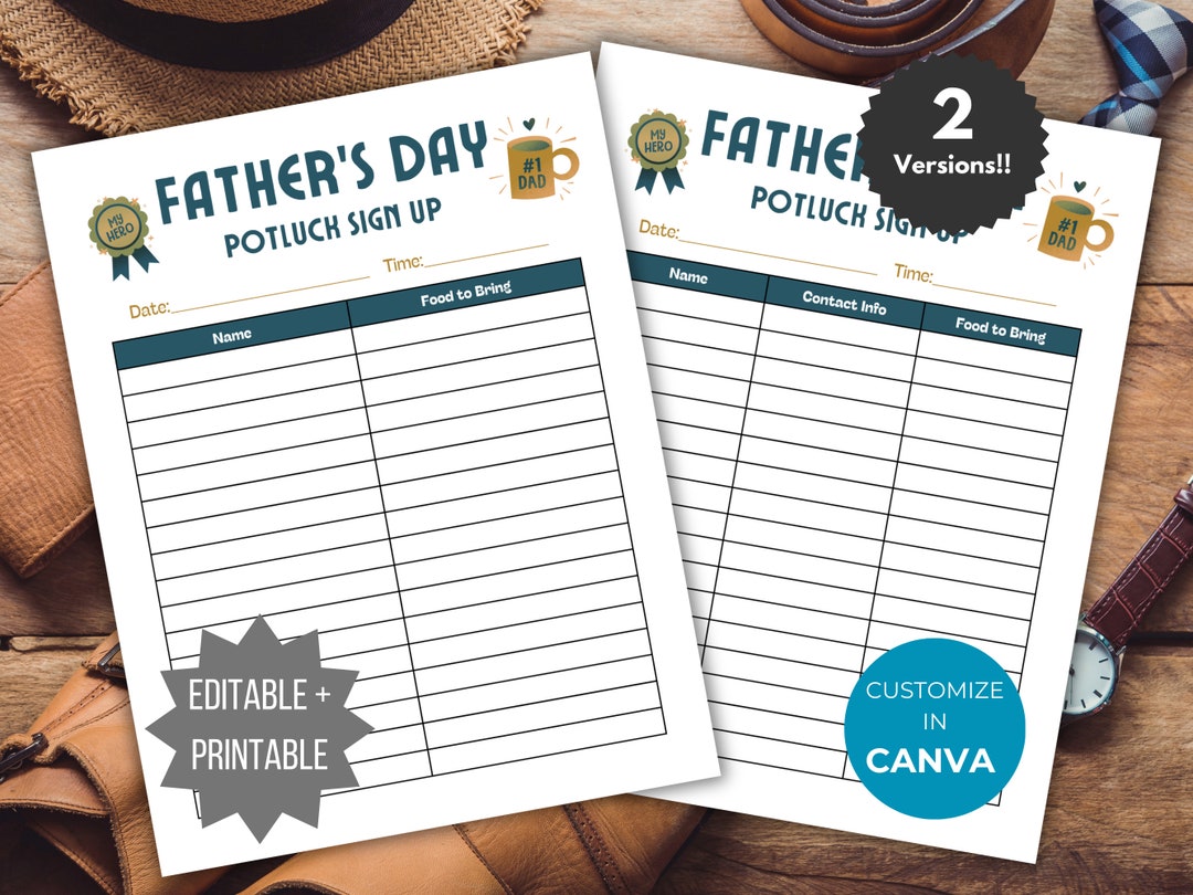 Editable Fathers Day Potluck Sign up Sheet Template Dinner Party Food ...