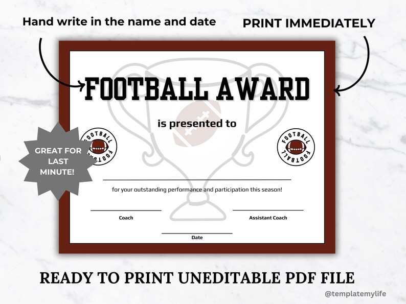 Editable Football Award Certificate Template Player Participation Gift ...