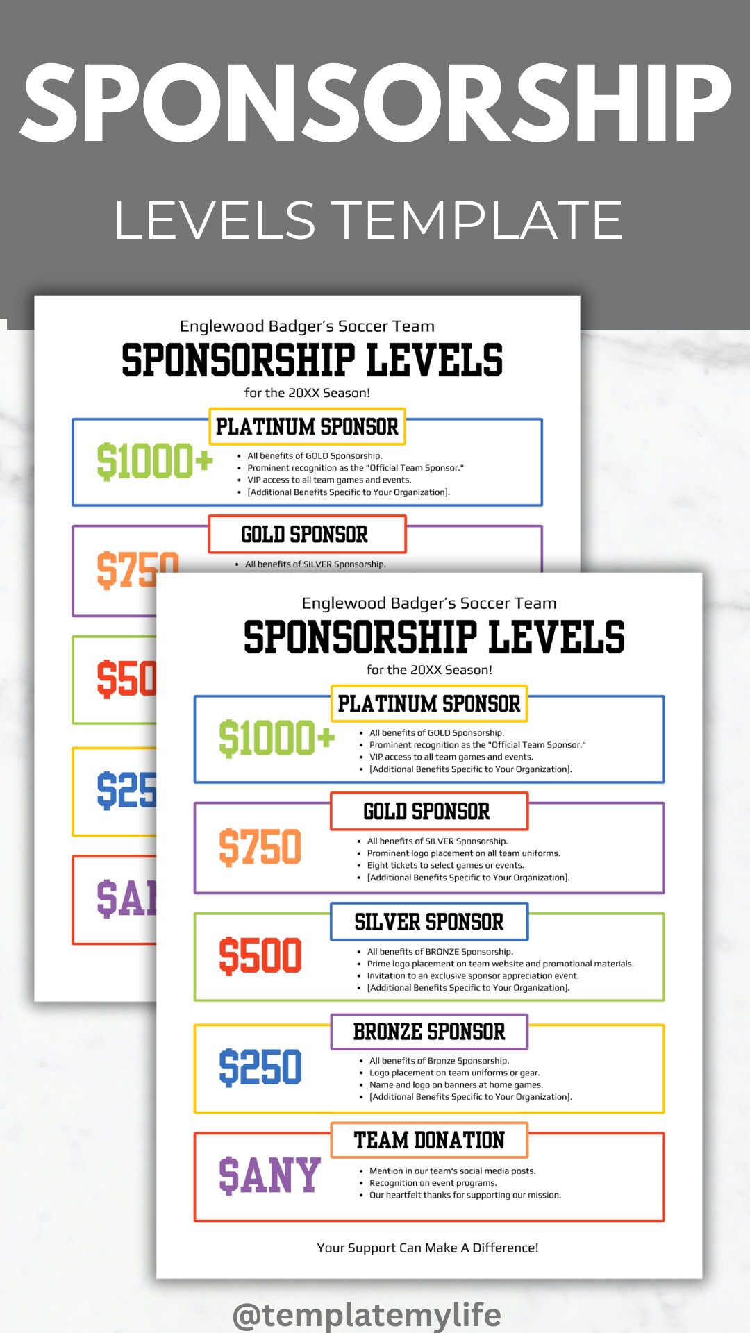 Sponsorship Level Flyer Printable Club Sponsorship Level Editable ...
