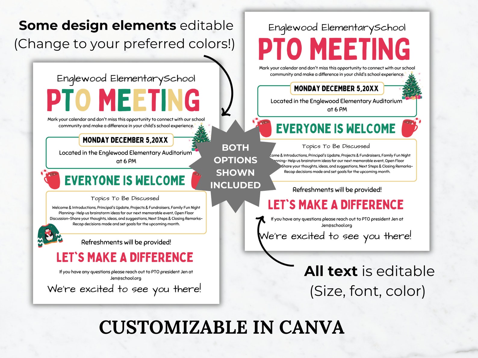 Christmas PTA Meeting Flyer Printable PTO Winter Meeting Flyer Editable ...