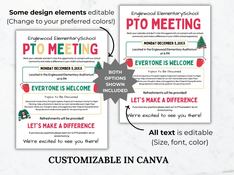 Christmas PTA Meeting Flyer Printable PTO Winter Meeting Flyer Editable ...
