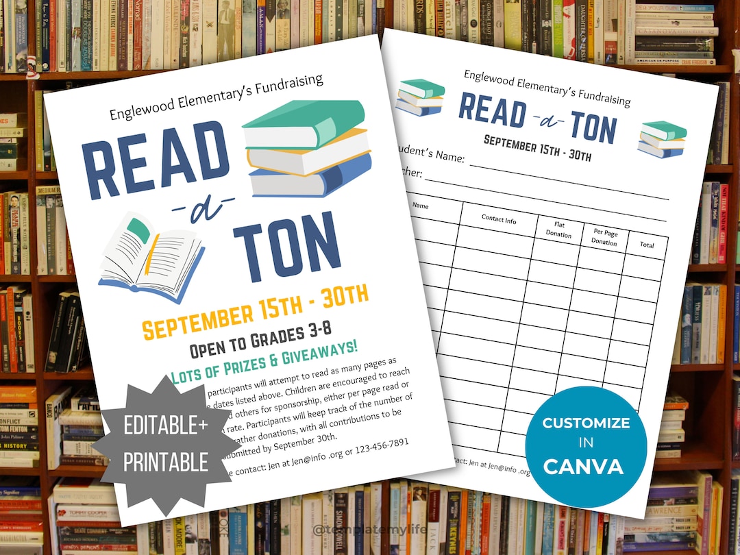Reading Fundraiser Flyer Sponsor Pledge Form Reading Log Bundle ...