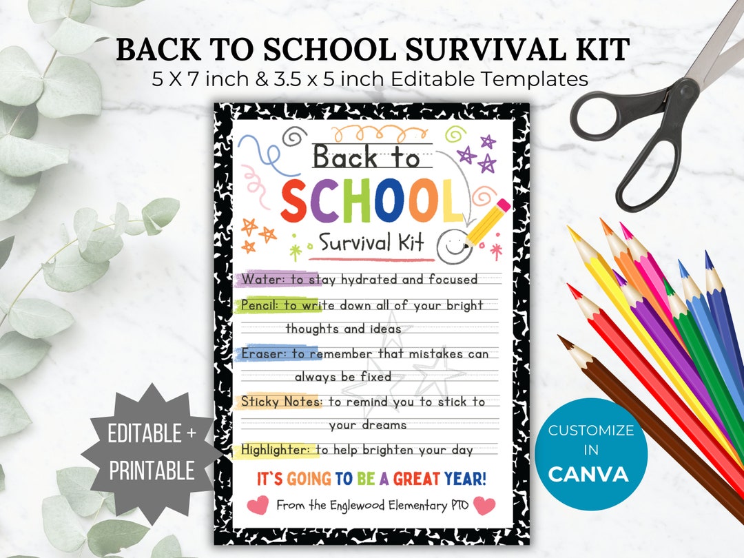 Teacher School Survival Kit Editable Template Back to School Classroom ...