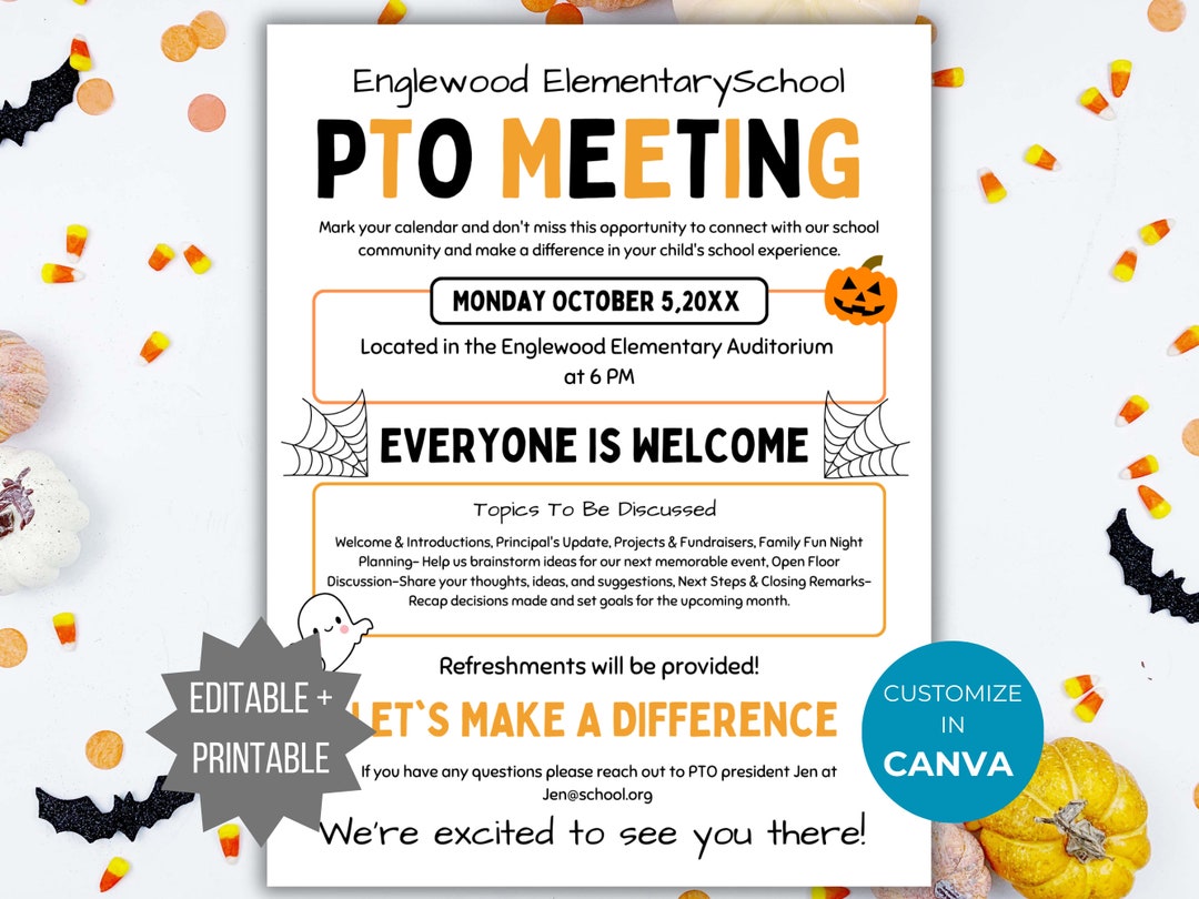 Halloween PTA Meeting Flyer Printable PTO Fall Meeting Flyer Editable ...