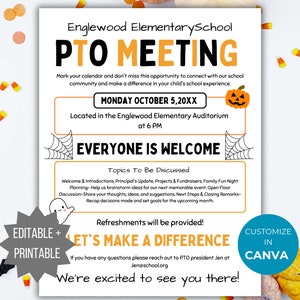 Halloween PTA Meeting Flyer Printable PTO Fall Meeting Flyer Editable ...