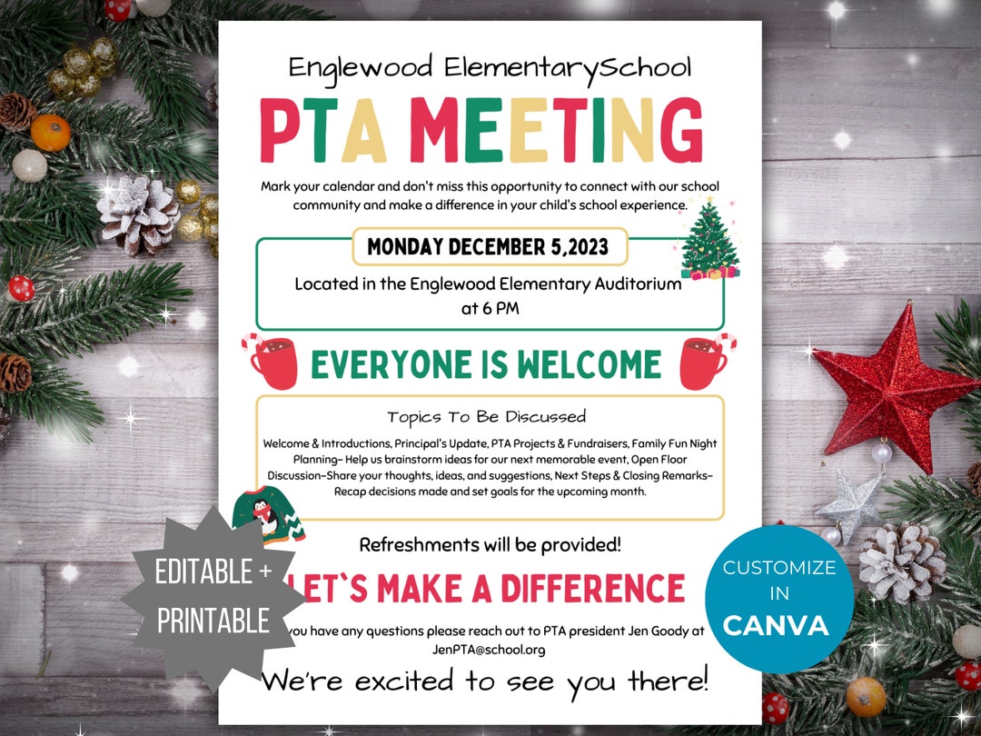 Christmas PTA Meeting Flyer Printable PTO Winter Meeting Flyer Editable ...
