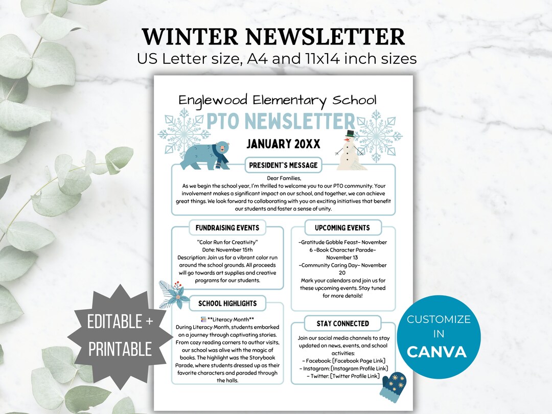 PTA Winter Newsletter Flyer Printable PTO School Newsletter Flyer ...