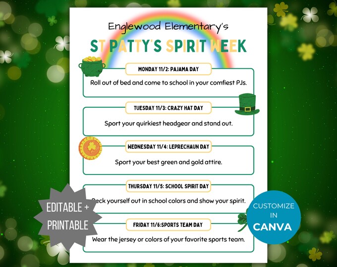 EDITABLE St. Patrick's Day Teacher Appreciation Week Itinerary, Lucky ...
