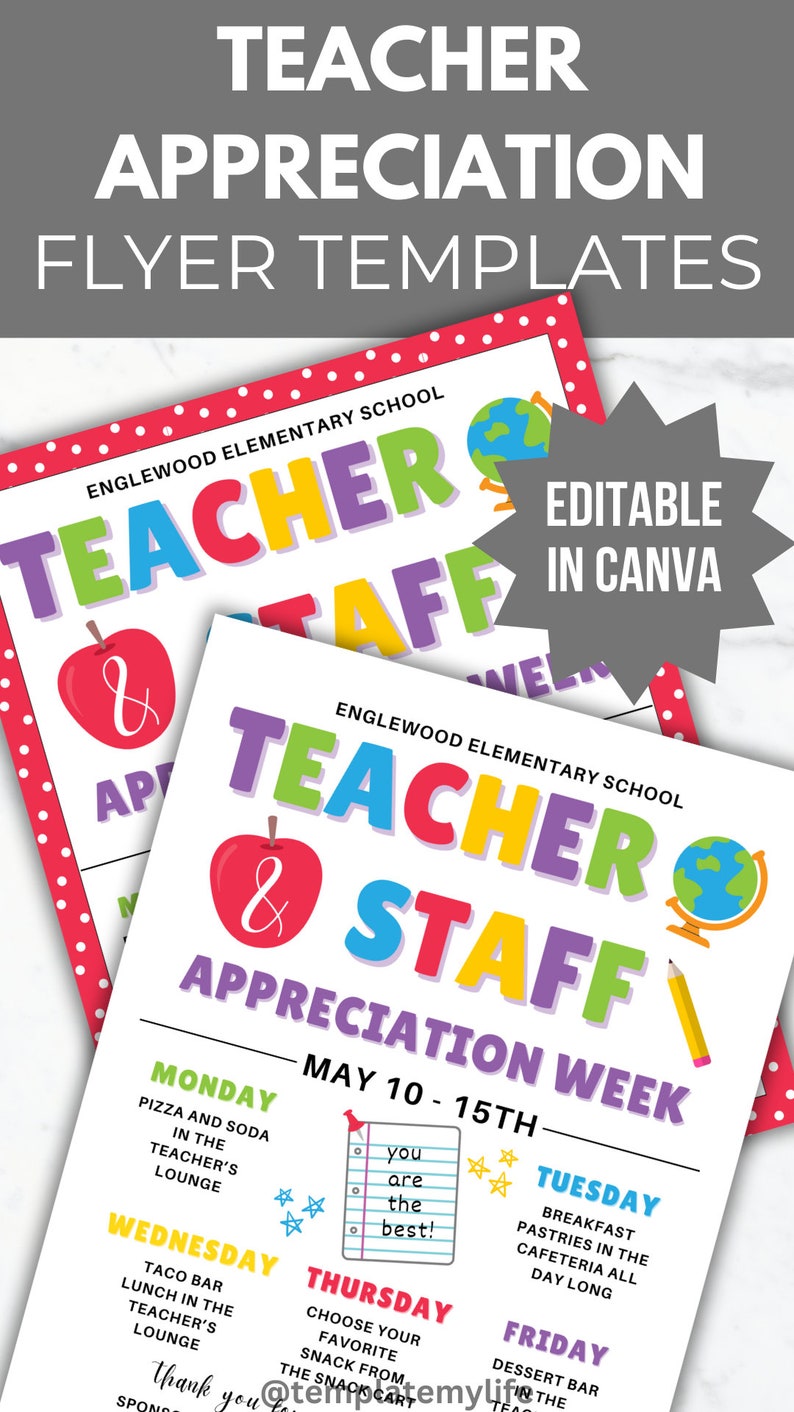 Teacher and Staff Appreciation Week Template PTO School Event Teacher ...