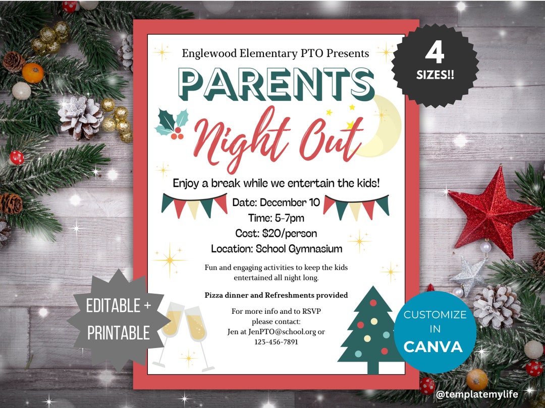 Holiday Parents Night Out Flyer Template PTO School Fundraiser PTA ...