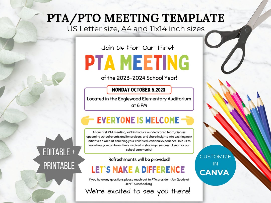 PTA Meeting Flyer Printable PTO Meeting Flyer Editable Template Pta ...