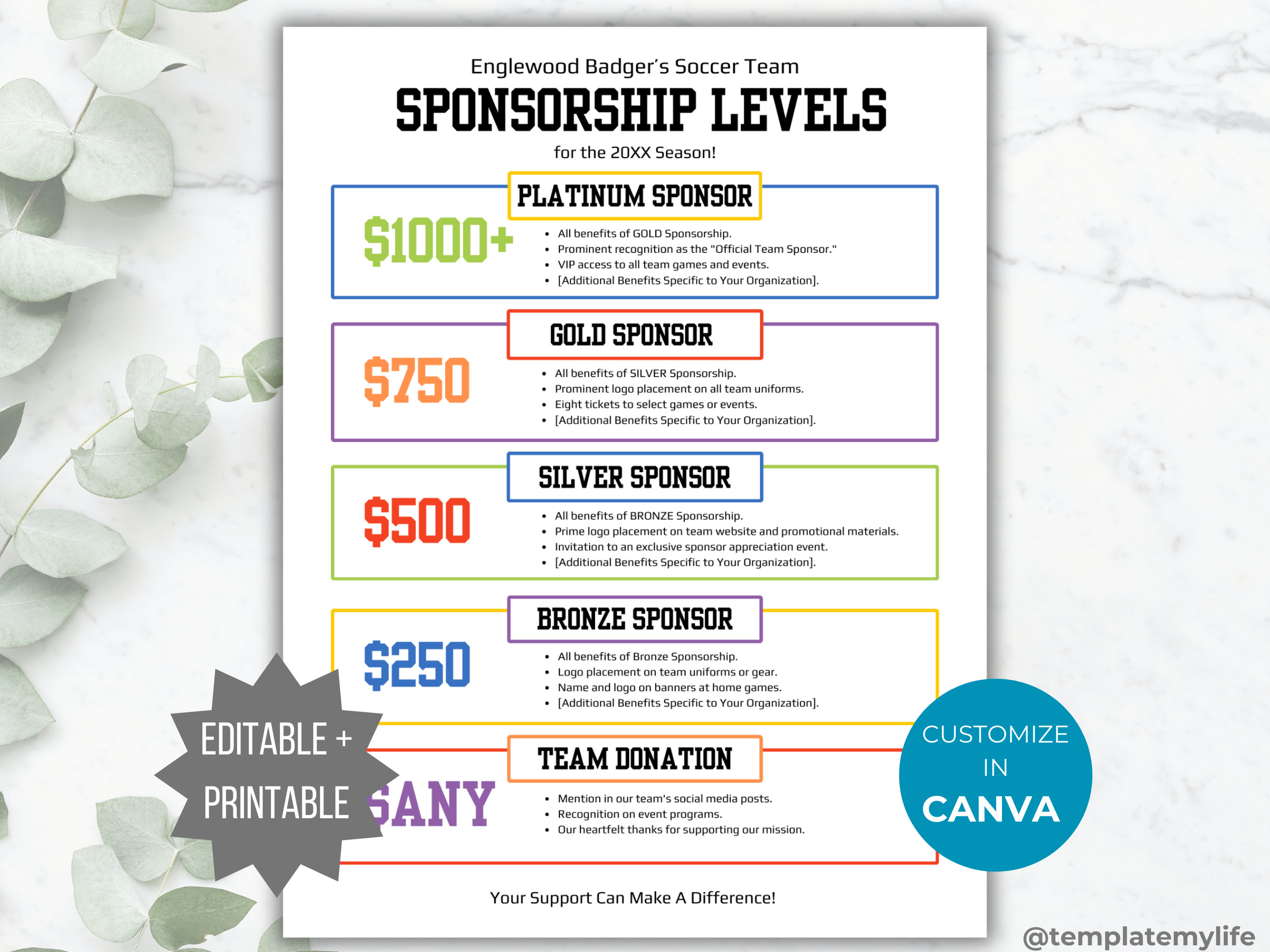 Sponsorship Level Flyer Printable Club Sponsorship Level Editable ...
