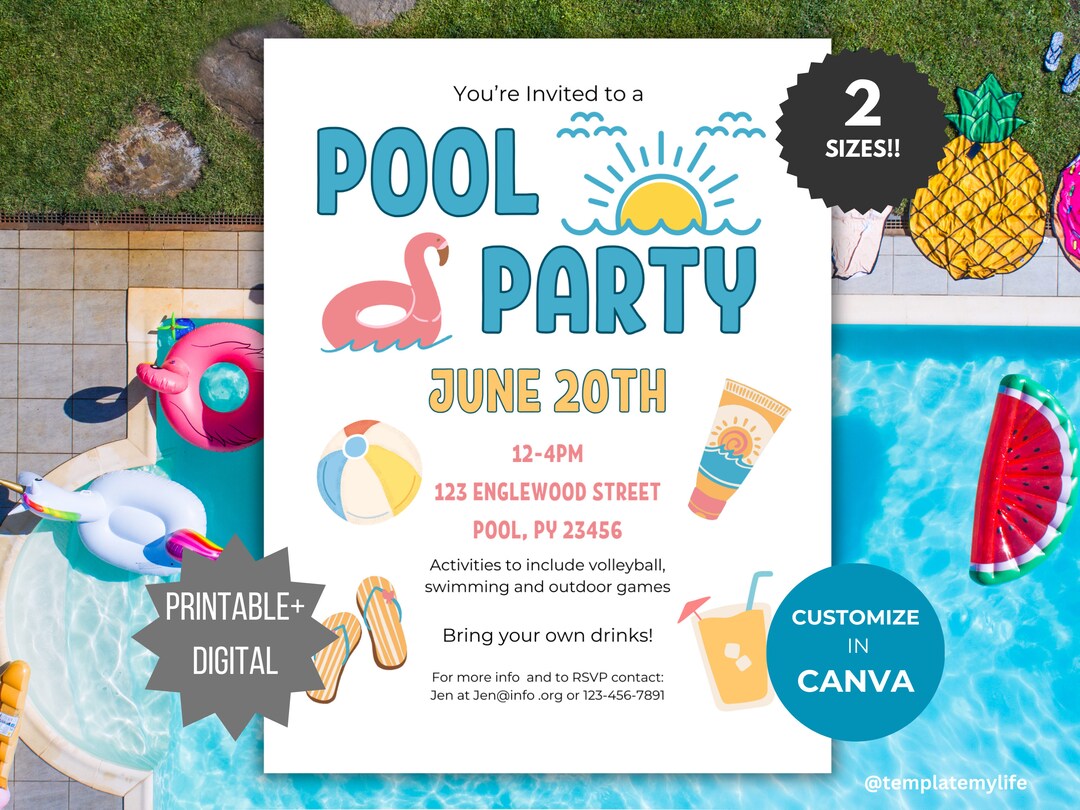 Pool Party Invite Template Summer Party Invite Flyer PTO PTA Template ...