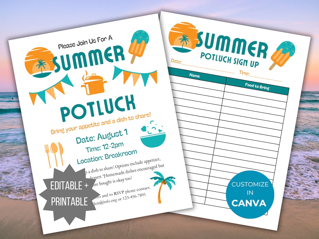 Summertime Potluck Invite Potluck Sign up Sheet Template Bundle Summer ...