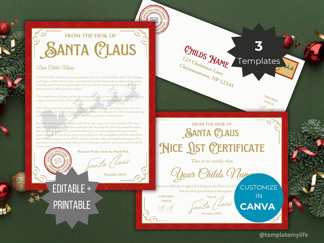 Letter From Santa Editable Nice List Certificate Template Christmas ...