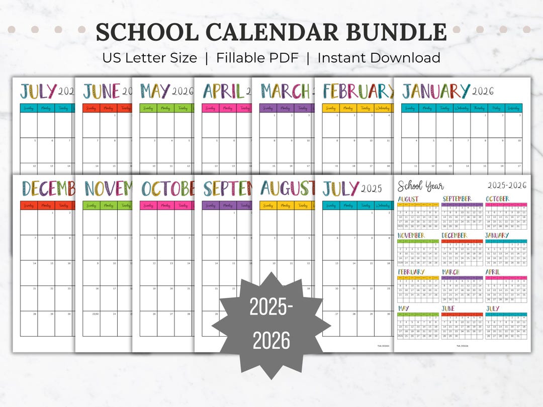 School Year Calendar Printable 2025-2026 Bundle Portrait Monthly ...