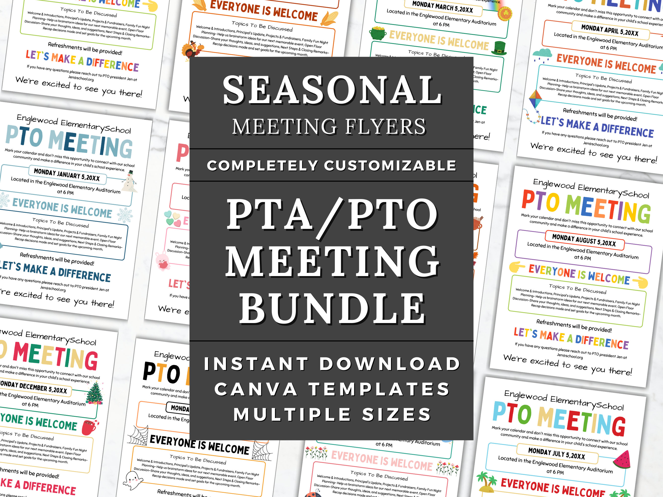 PTA Meeting Flyer Template Bundle Seasonal Pto Meeting Agenda Template ...