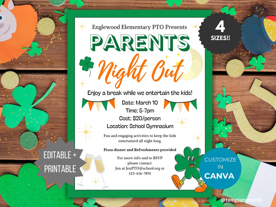 St Patricks Day Parents Night Out Flyer Template PTO School Fundraiser ...