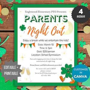 St Patricks Day Parents Night Out Flyer Template PTO School Fundraiser ...