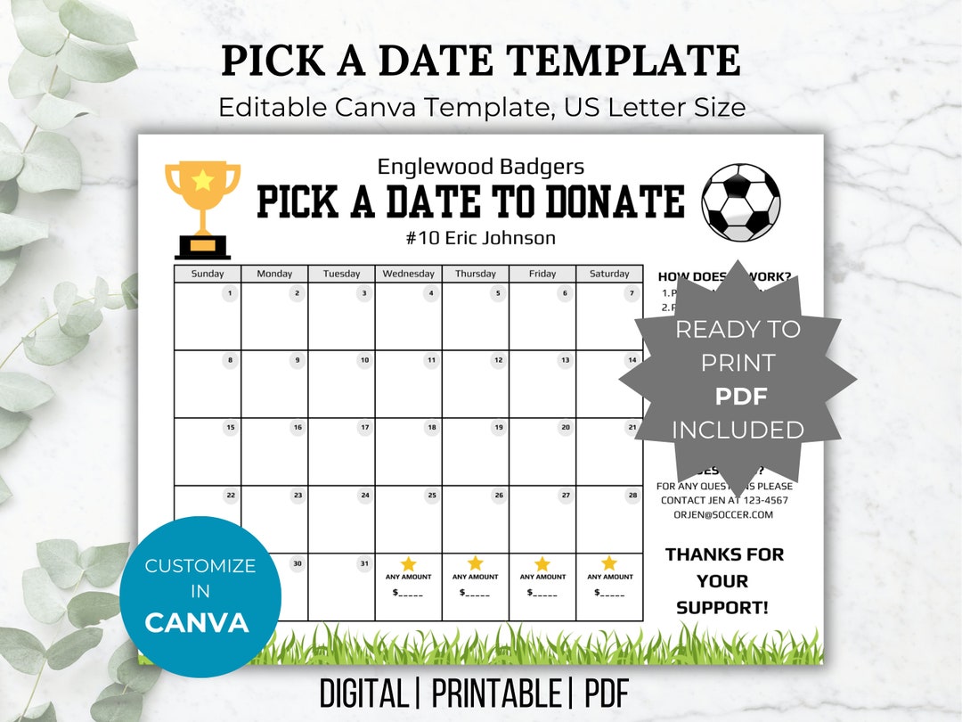 Soccer Pick a Date to Donate Template Soccer Fundraiser Calendar ...