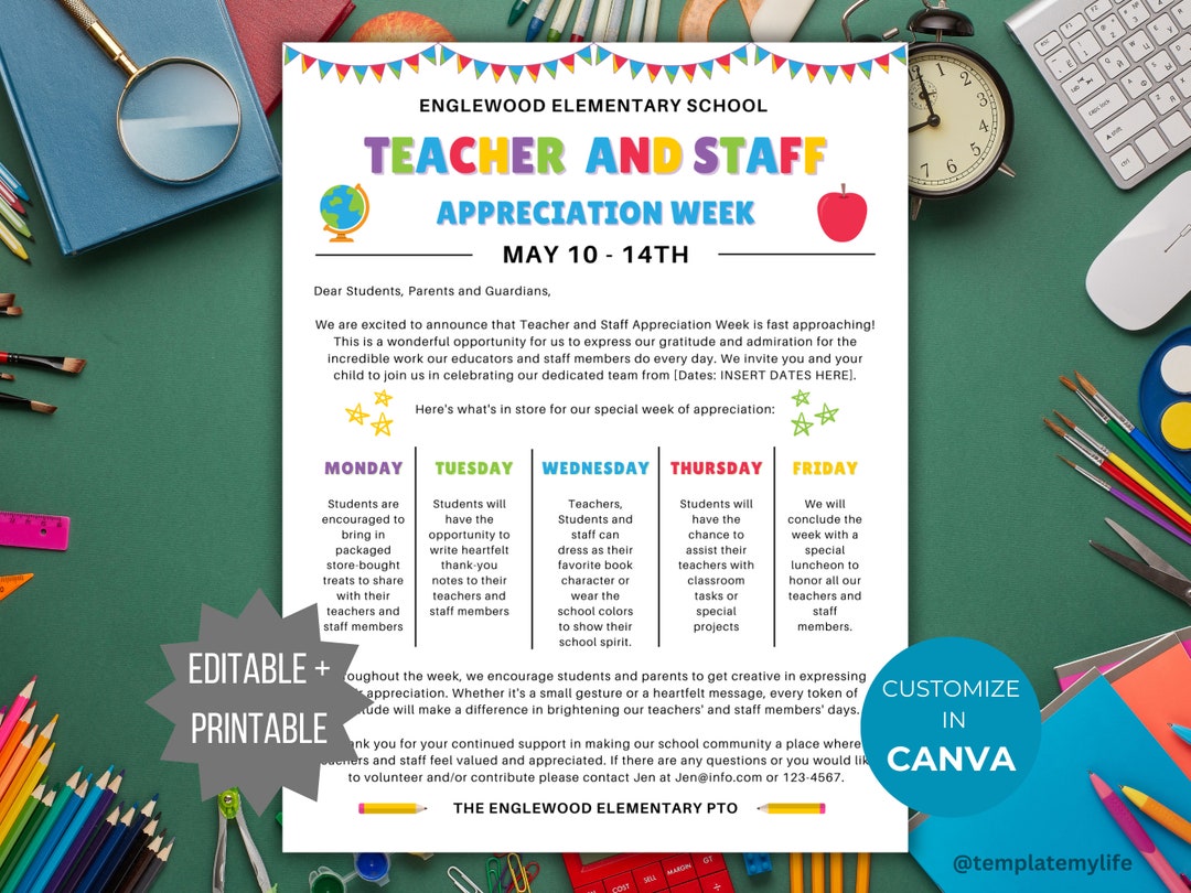 Teacher and Staff Appreciation Week Letter Flyer PTO PTA Handout ...
