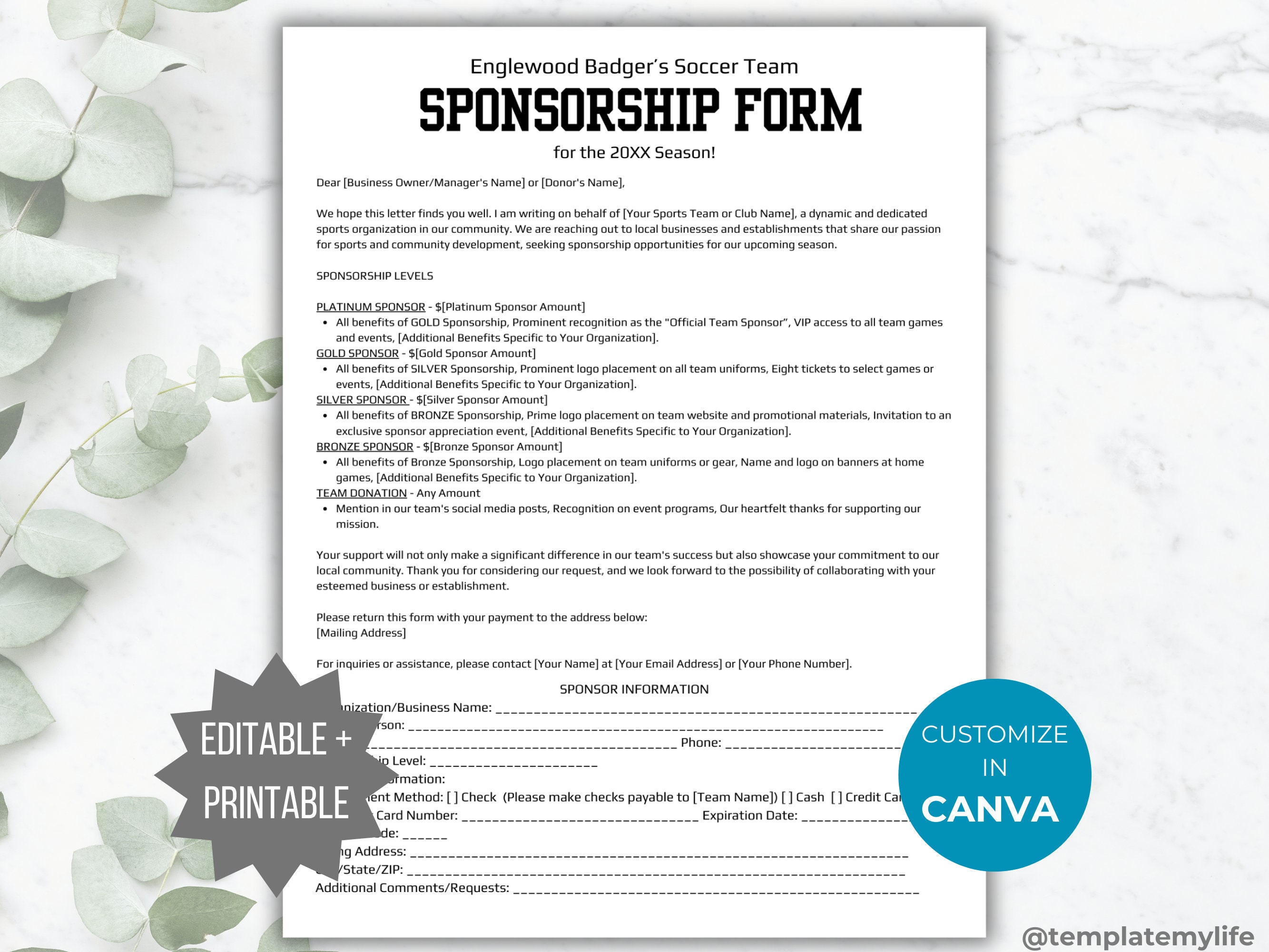 Sponsorship Form Printable Business Sponsorship Letter Sport Team ...
