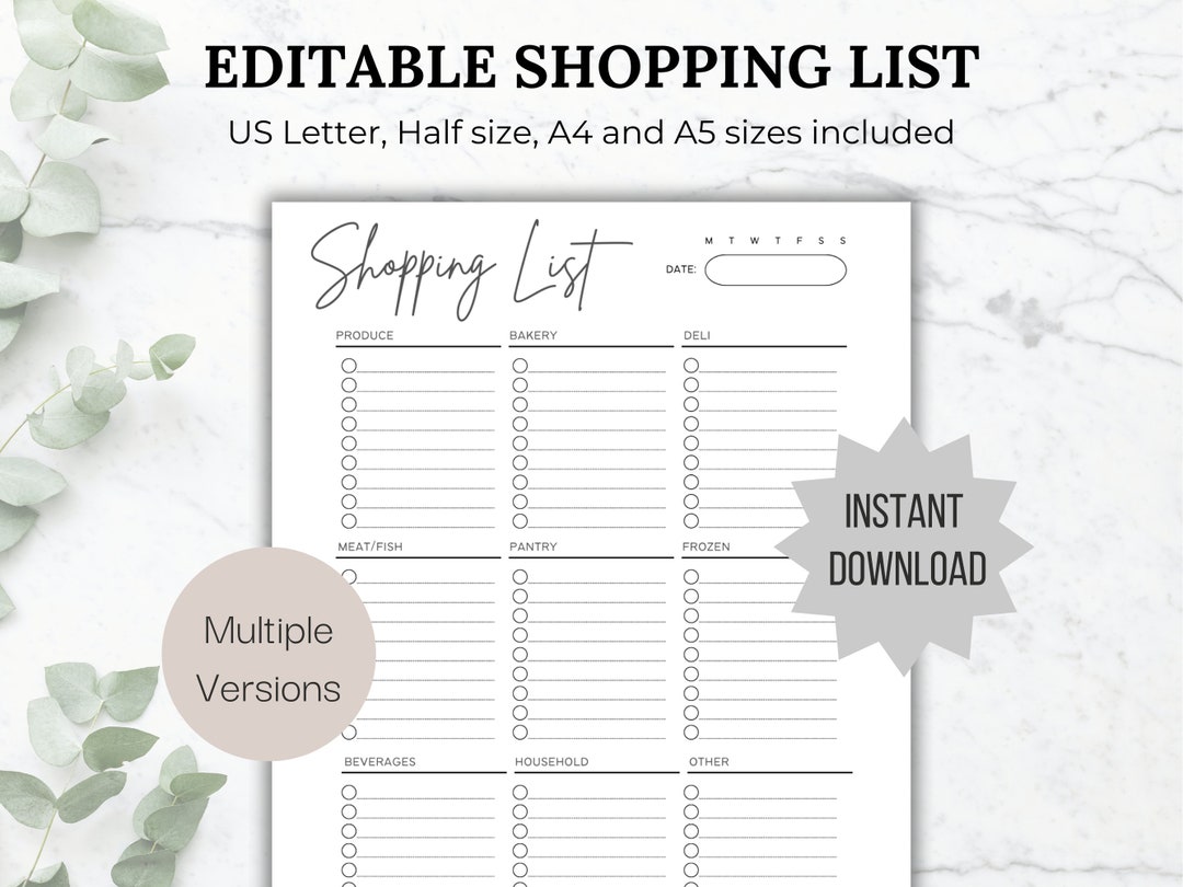 Editable Grocery List Printable Shopping List Printable Grocery ...