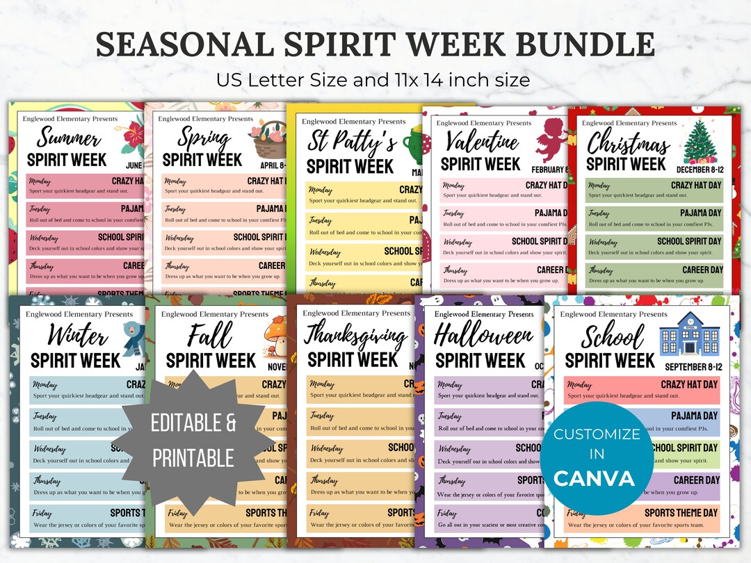 Seasonal Spirit Week Flyer Editable Template Bundle Pta Spirit Week ...