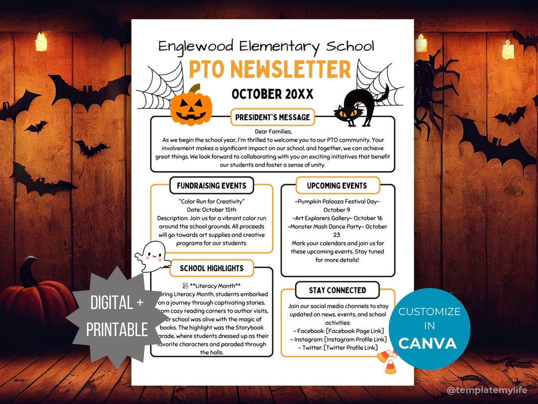 PTA Halloween Newsletter Flyer Printable PTO School Newsletter Flyer ...