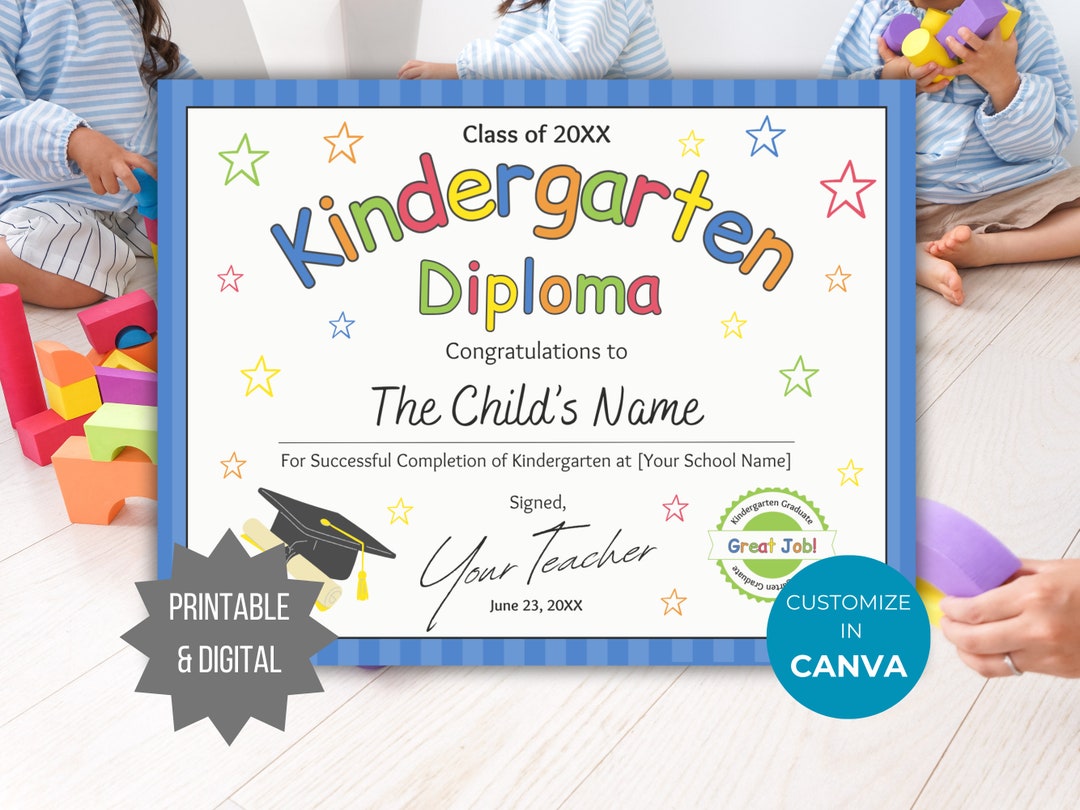 Editable Kindergarten Diploma Printable Elementary Graduation ...